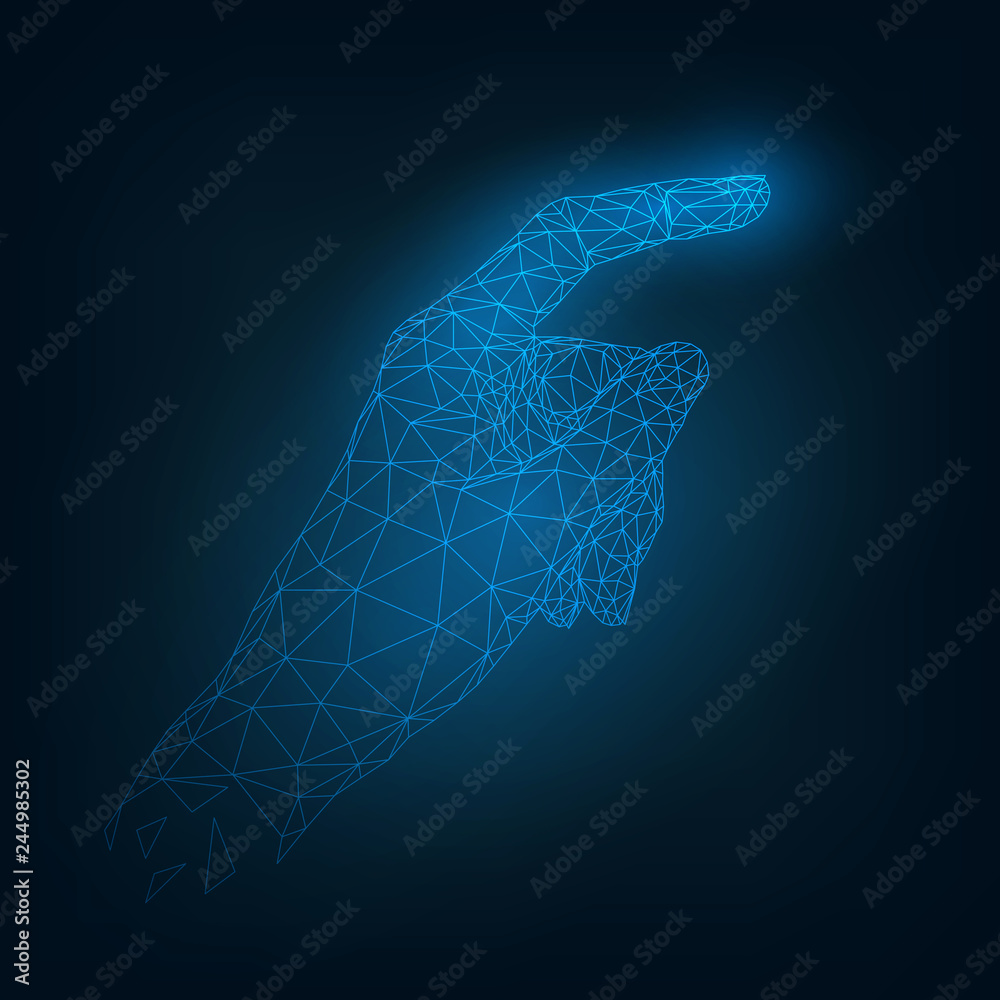 Glowing blue wireframe human hand, index finger, triangular palm Stock ...