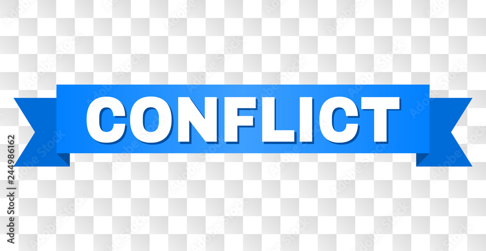CONFLICT text on a ribbon. Designed with white caption and blue stripe ...