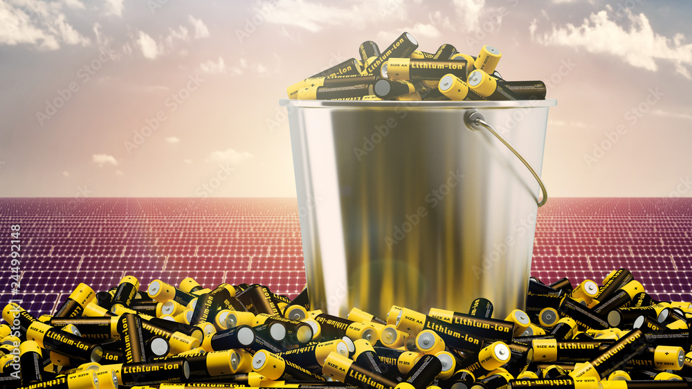 Bucket of Lithium-ion Batteries in front of a Solar Energy Plant ...