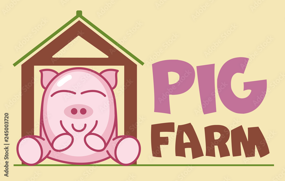 Vector Logo of сute funny smiling cartoon pig sitting in a barn. Modern ...