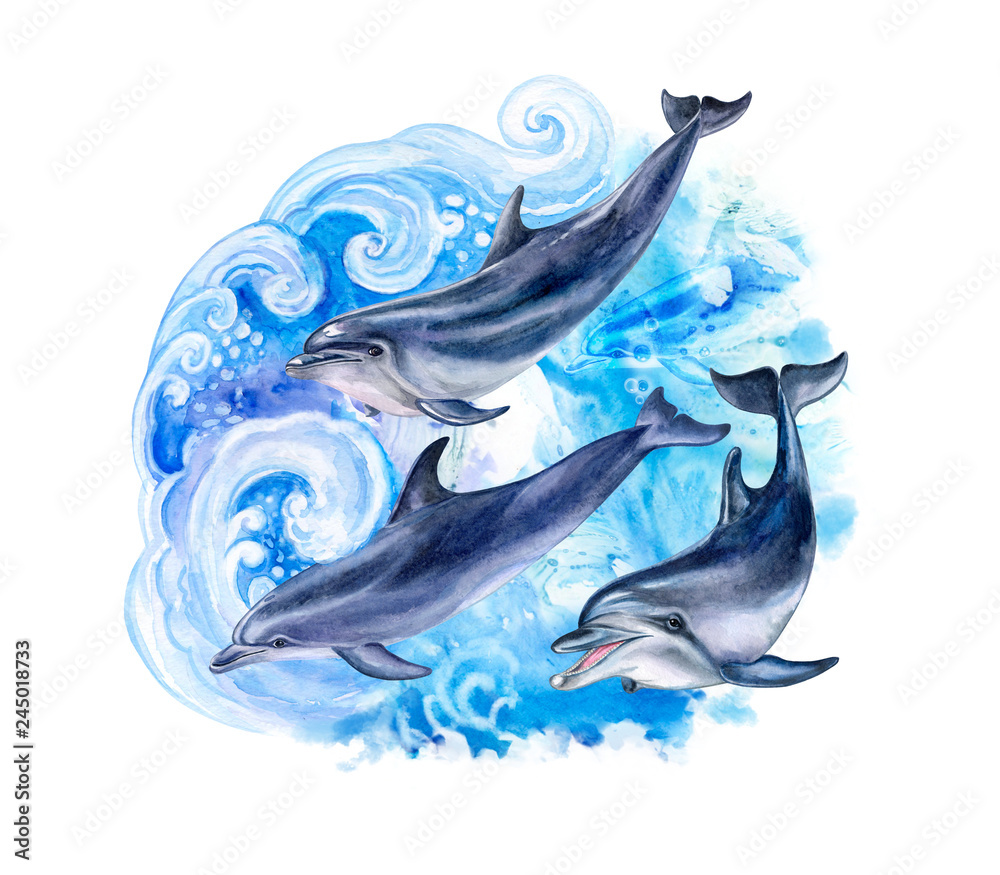 Dolphins in the sea waves. A flock of dolphins in the ocean ...