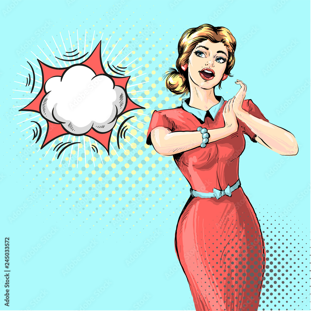 Beautiful woman with open mouth talking. Fancy girl pin up girl. Pop ...