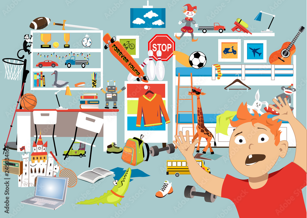 Boy in a stuffed room with too many toys, EPS 8 vector illustration ...