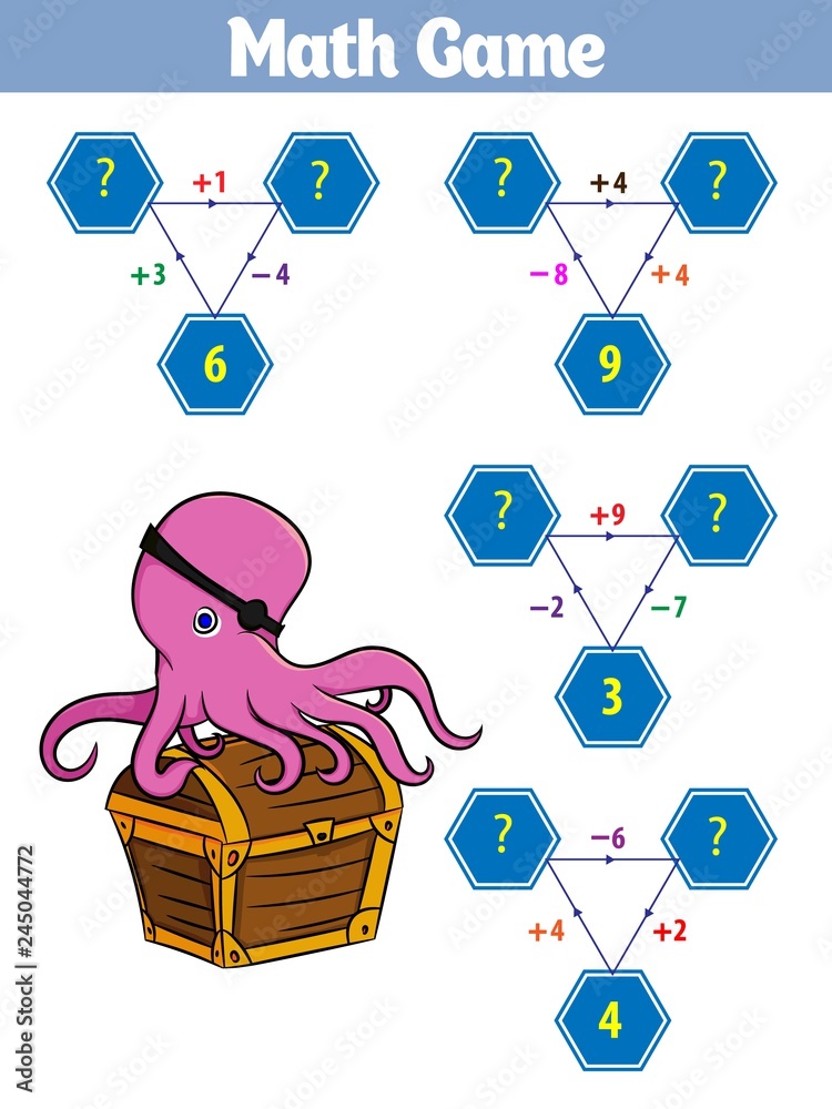 Mathematics educational game for children. Set of cartoon pirate ...