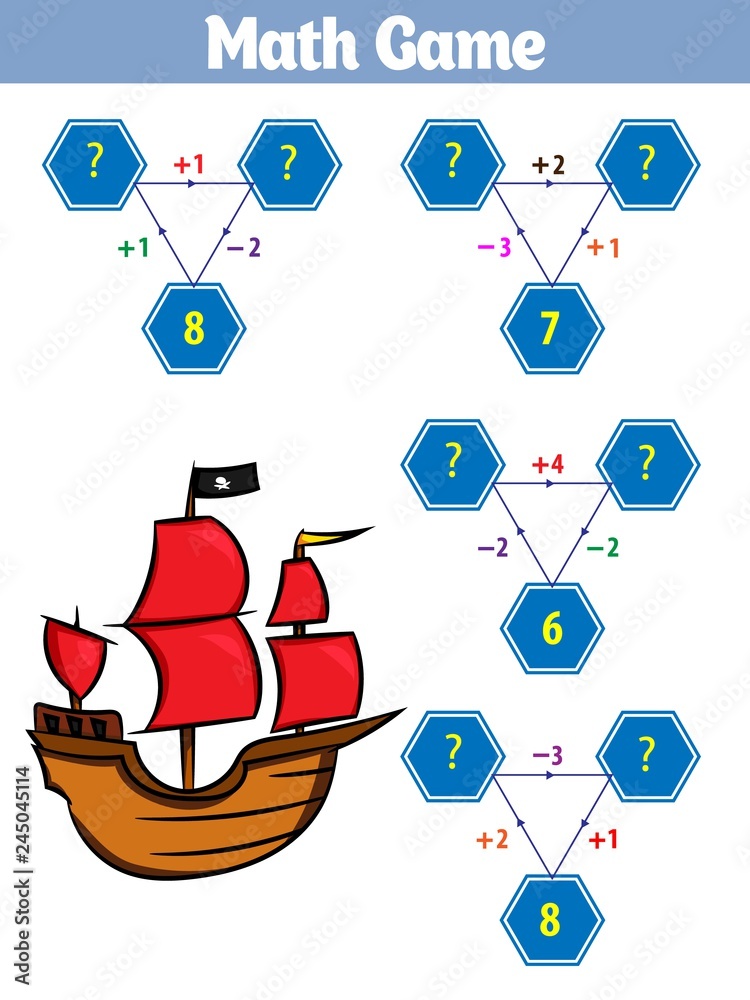 Mathematics educational game for children. Set of cartoon pirate ...