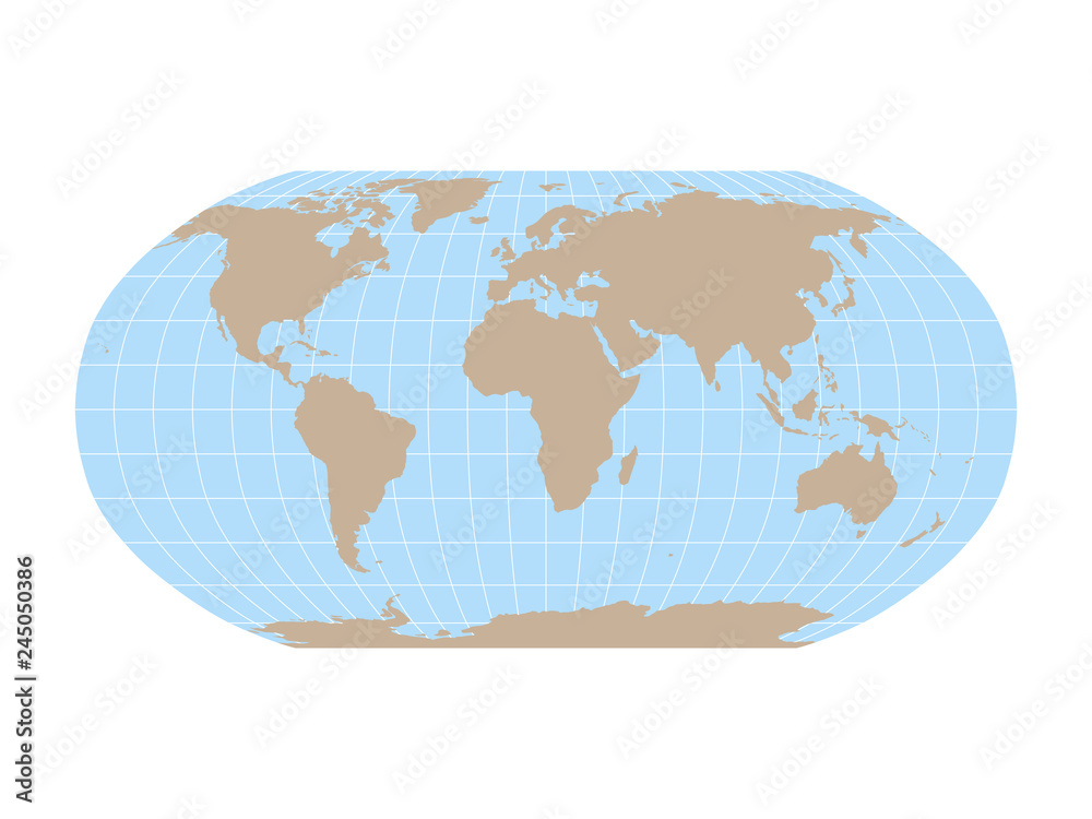 Photo & Art Print World Map in Robinson Projection with meridians and ...