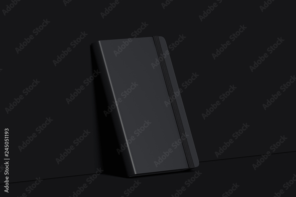 Black realistic notepad isolated on dark background. 3d rendering ...