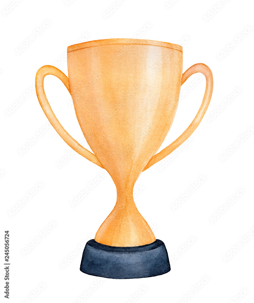 Champion golden trophy cup watercolour sketch. One single object ...