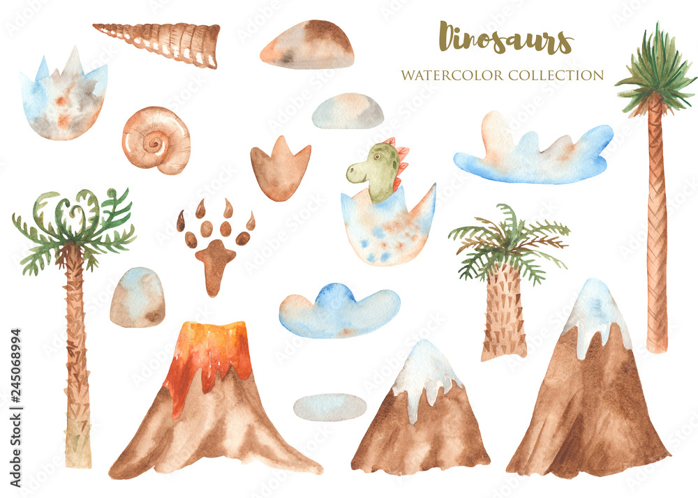 Watercolor set of prehistoric plants. Illustration of palm trees ...