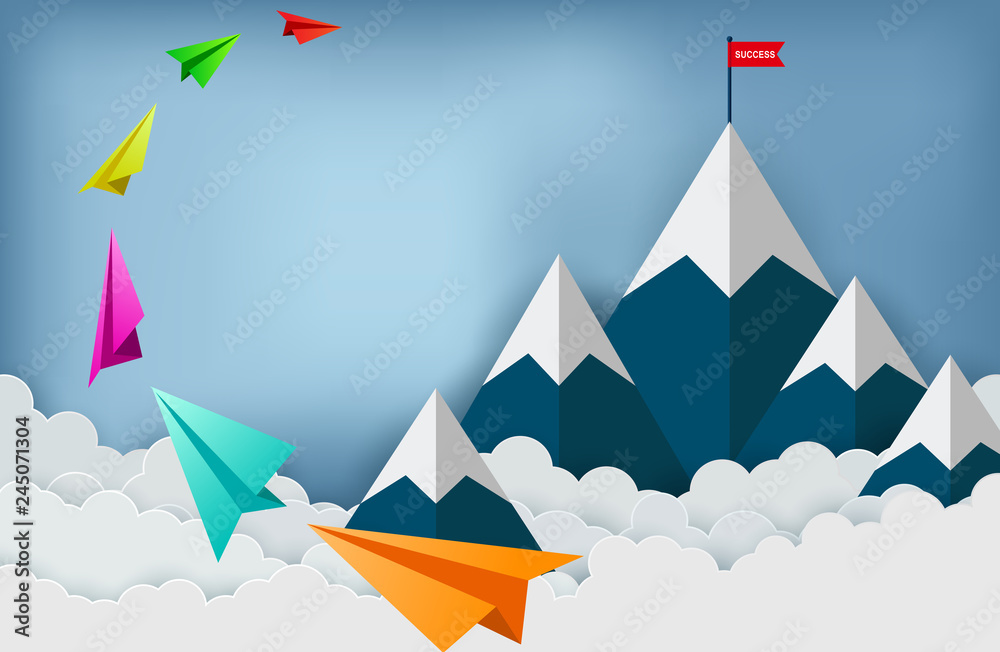 Paper plane are flying to the red flag target on mountains while flying ...