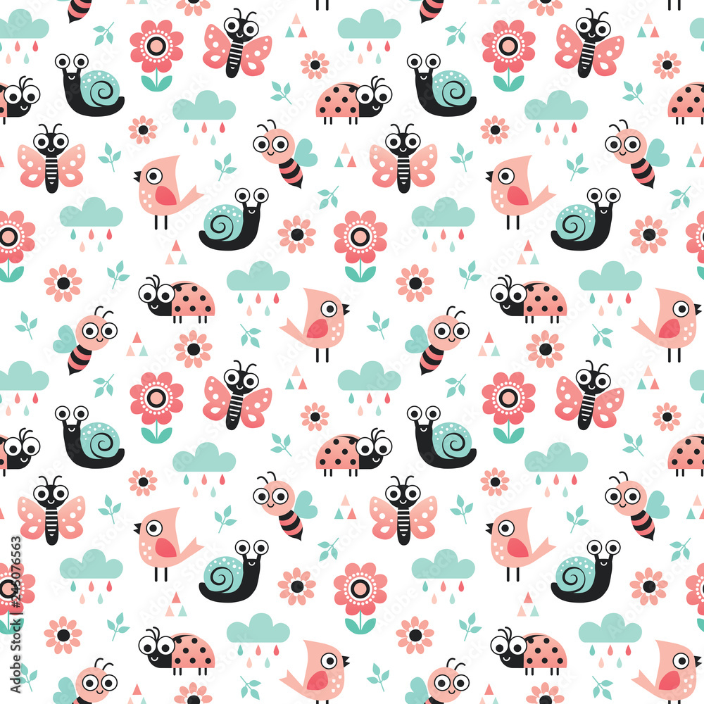 Cute seamless vector background with bugs, birds and flowers in blush ...