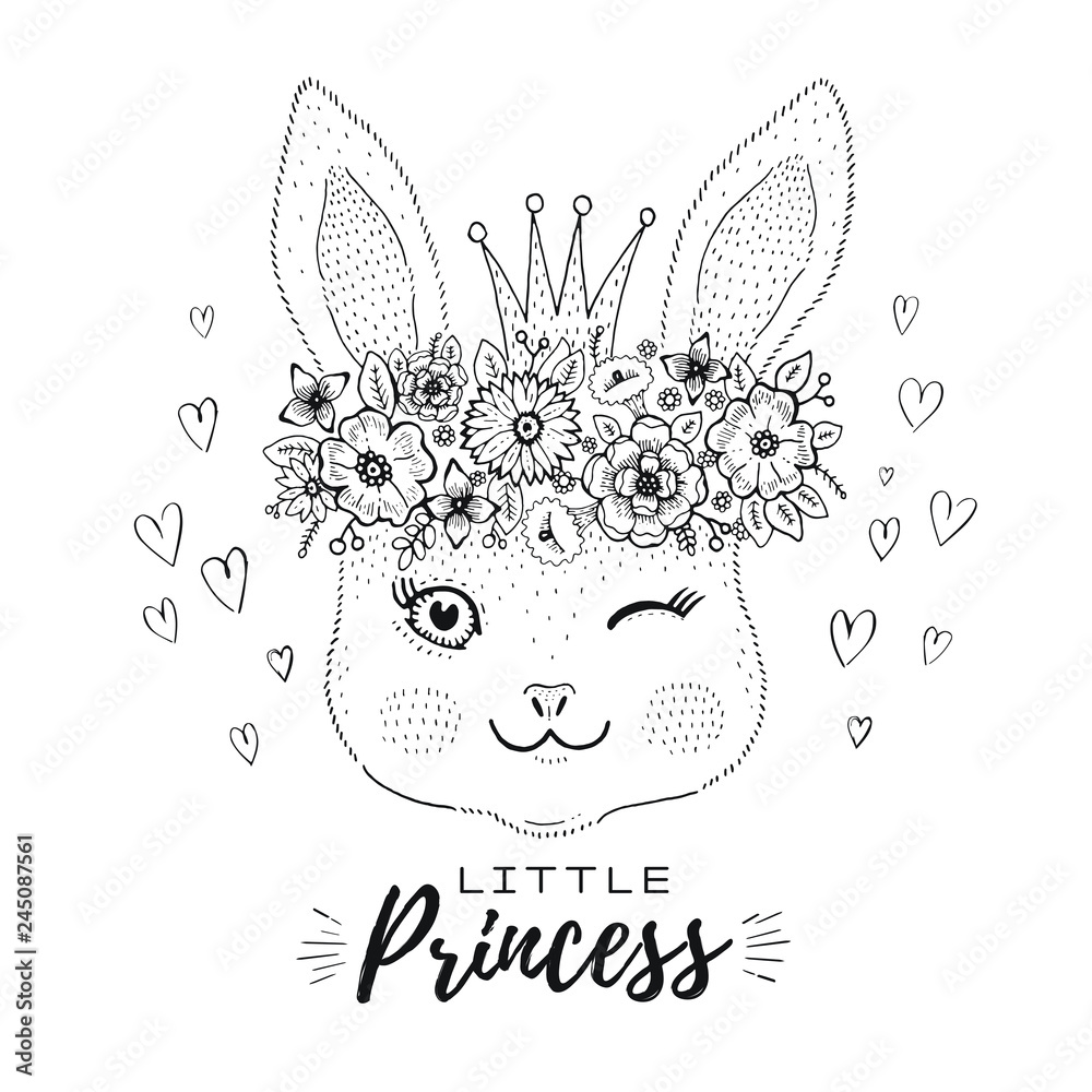 Cute kawaii bunny rabbit face in princess crown, flower wreath. Spring ...