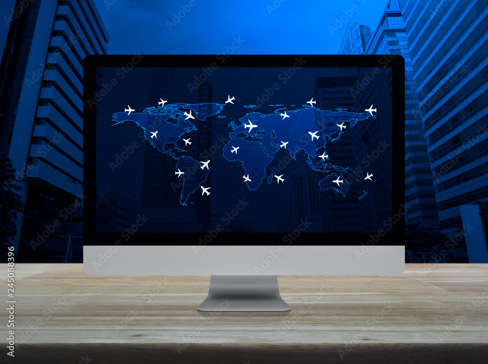 Flight routes airplanes connection and world map with modern computer ...