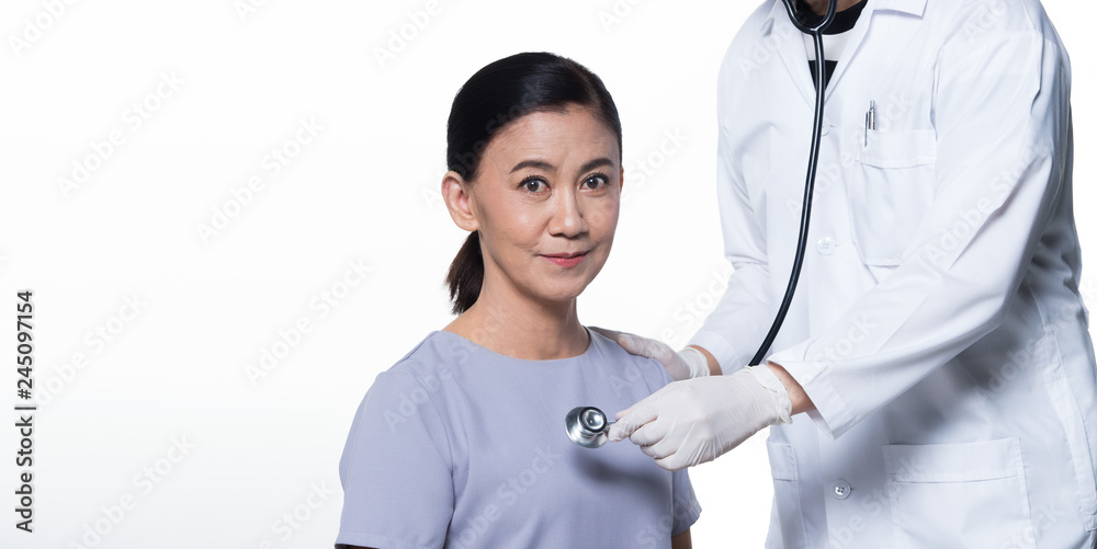 Asian Middle 60s age Woman Patient check up health with Doctor. Aging ...