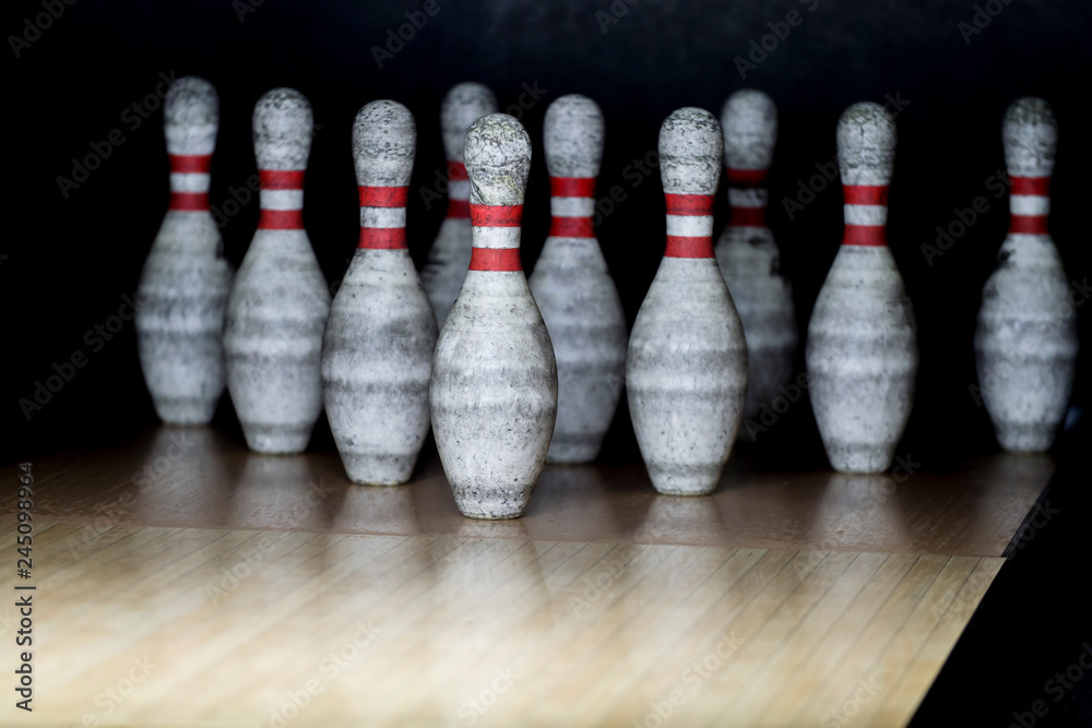 Ten pin bowling alley background. Closeup of tenpin row on a lan Stock ...
