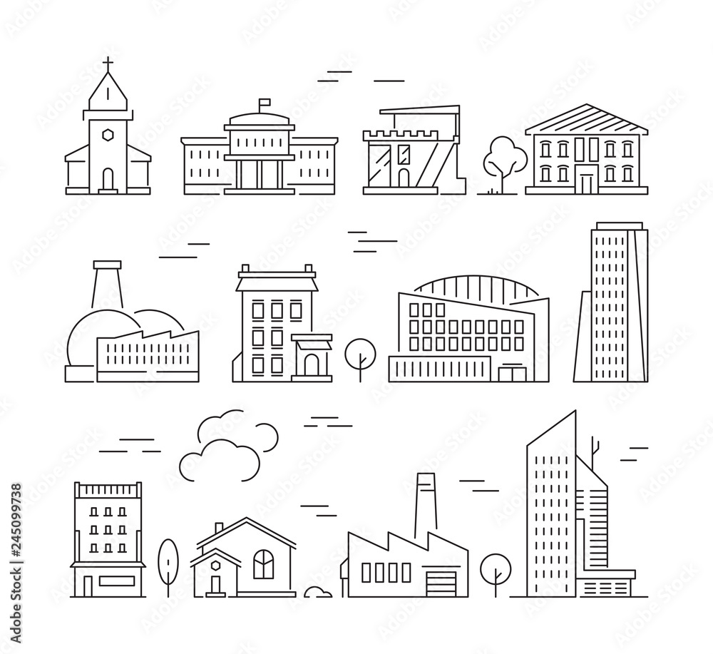 Town buildings icon. Urban architecture village houses factory living ...