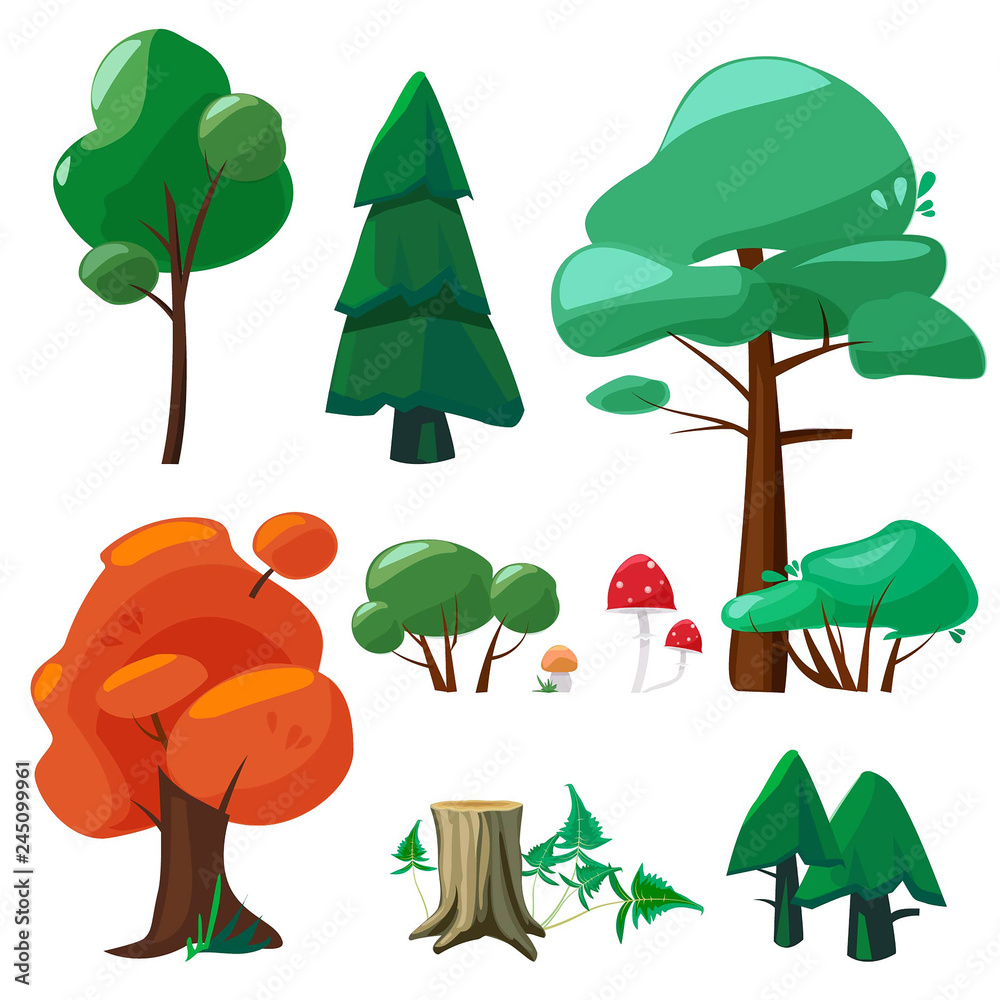 Nature cartoon elements. Game ui collection of trees shrubs hemp ...