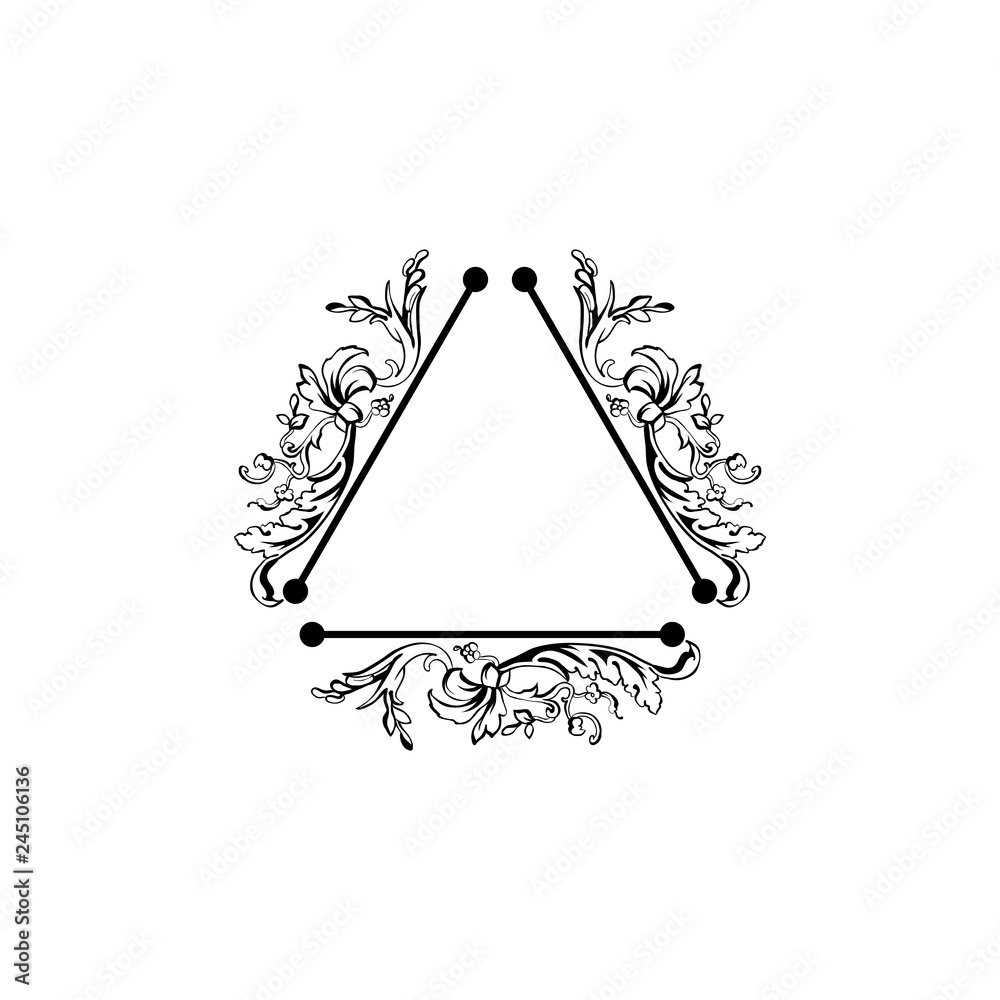 Floral filigree decorative triangle frame. Black ink vintage borders ...