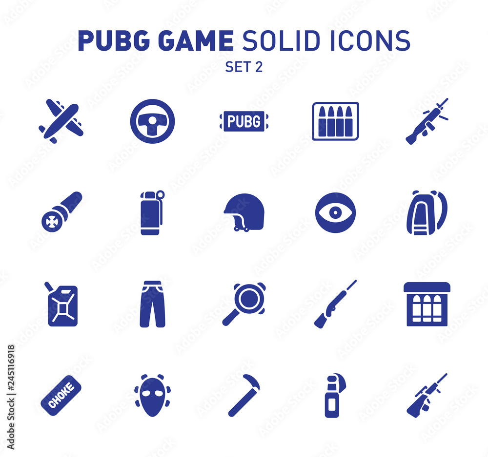PUBG game glyph icons. Vector illustration of combat facilities. Solid ...