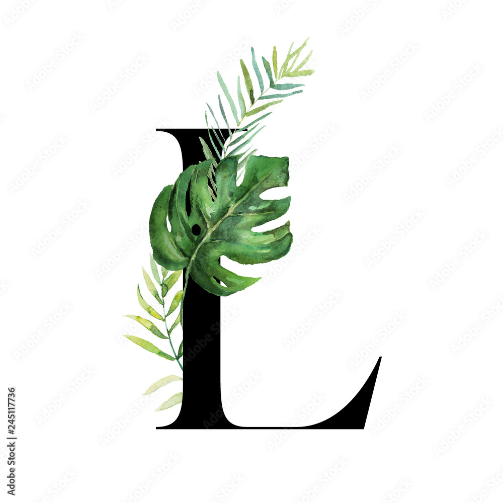 Floral Tropical Alphabet - black letter L with leaves bouquet ...