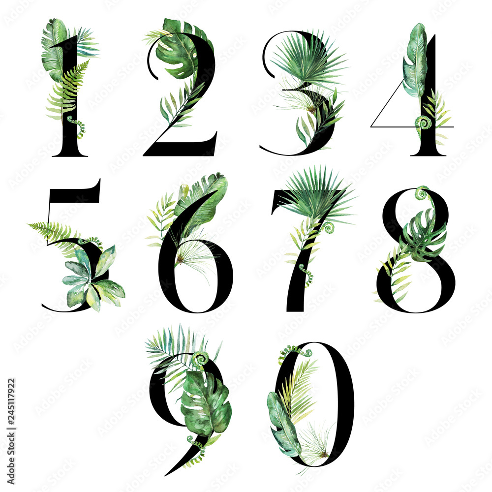 Black Tropical Floral Number Set - digits 1, 2, 3, 4, 5, 6, 7, 8, 9, 0 ...