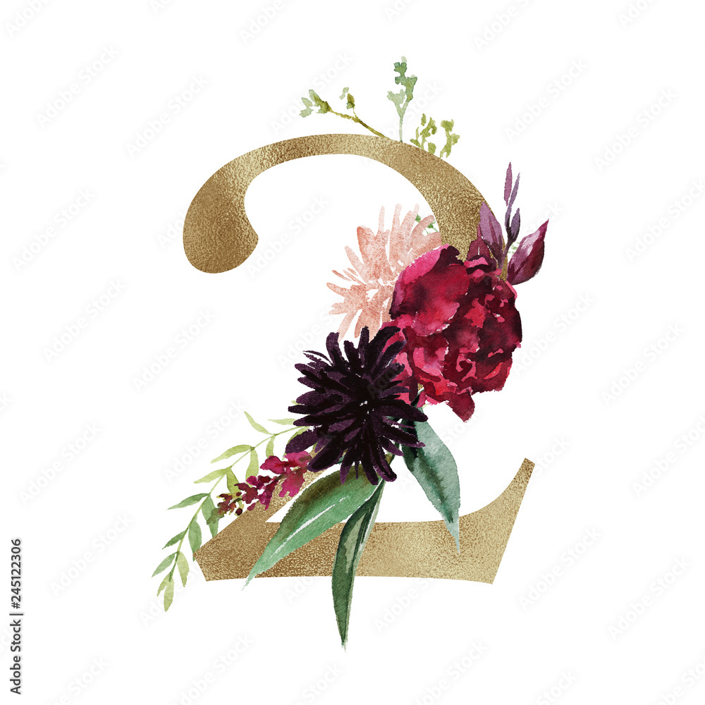 Floral Numbers - digit 2 with flowers bouquet composition and delicate ...