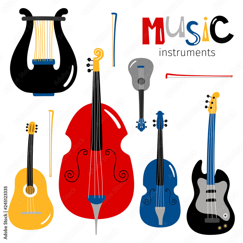 Vector stringed musical instruments icons isolated on white background ...