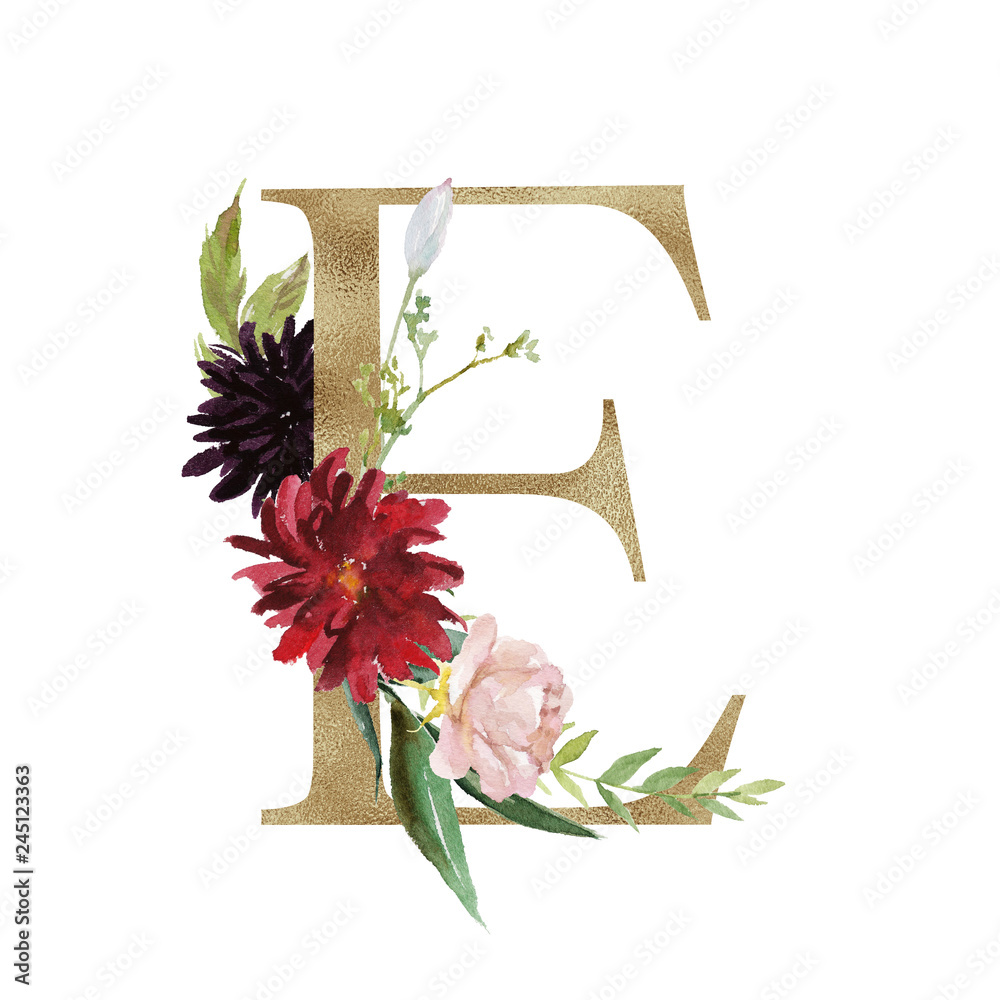 Floral Alphabet - letter E with flowers bouquet composition and ...