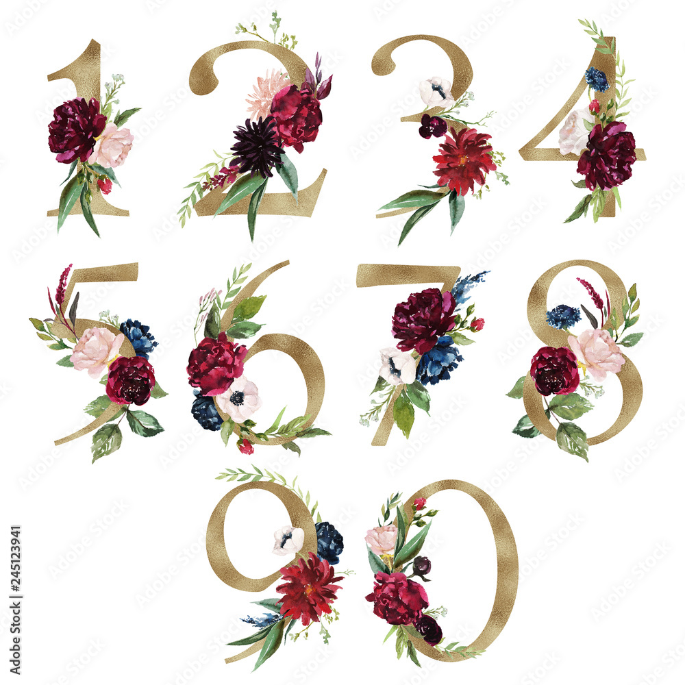 Floral Number Set - digits 1, 2, 3, 4, 5, 6, 7, 8, 9, 0 with flowers ...