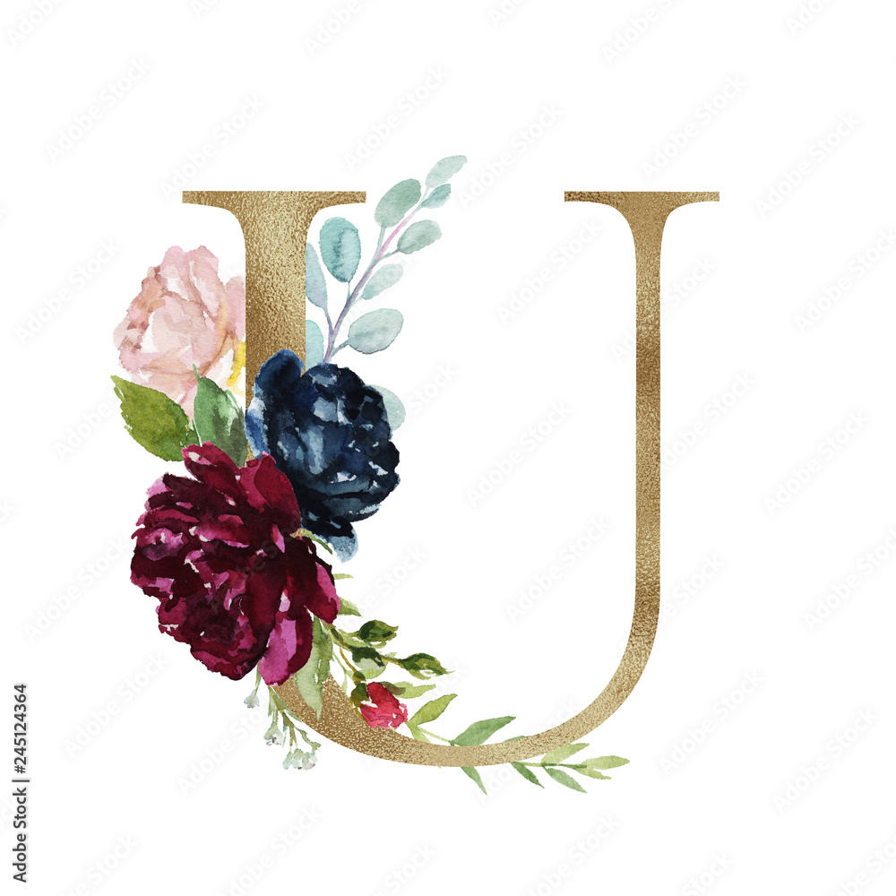 Floral Alphabet - letter U with flowers bouquet composition and ...