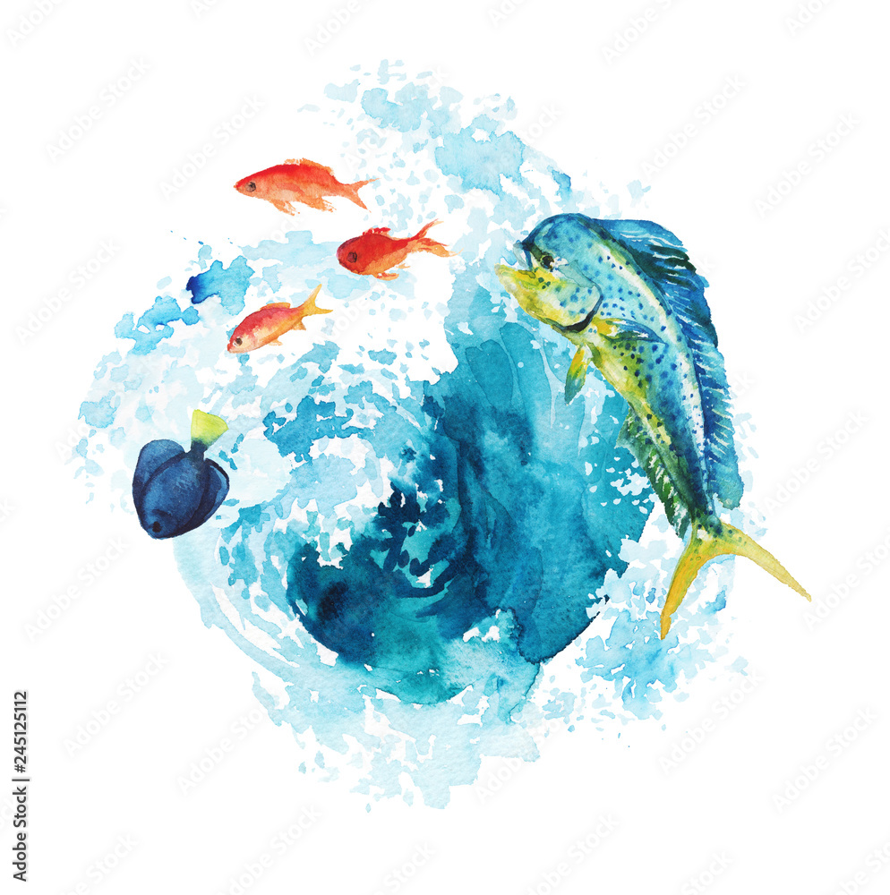 Watercolor hand-drawn mahi-mahi fish and goldfish illustration ...