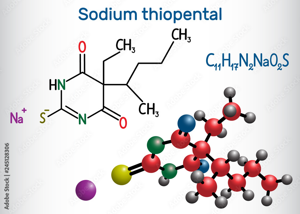 Sodium thiopental drug molecule. It is a rapid-onset short-acting ...