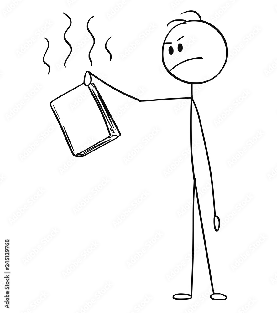 Cartoon stick drawing conceptual illustration of disgusted man holding ...