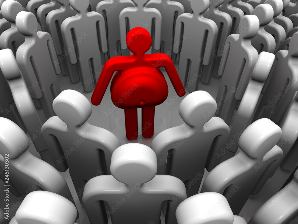 Obesity problem. Red symbol of a fat man surrounded by gray thin people ...