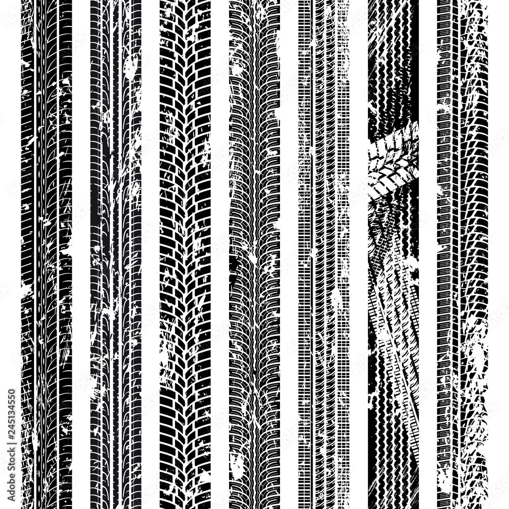 Set of seamless car tire tracks isolated on white background, seamless ...