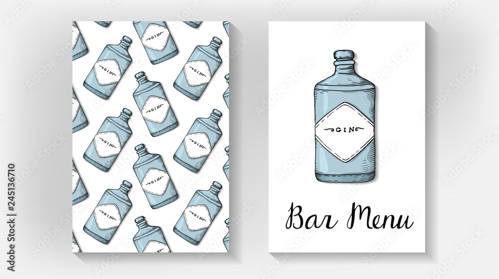 Vector Illustration of Bar Menu Template with Gin Bottles Sketch Style ...