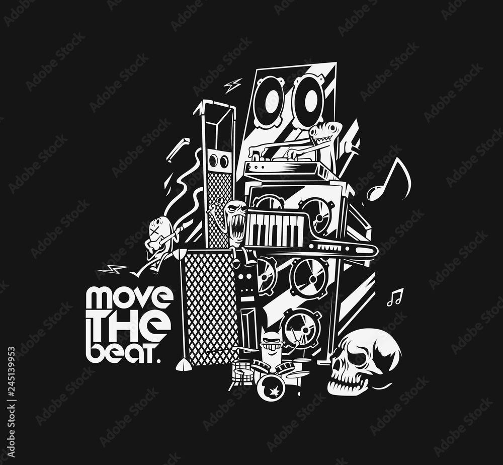 Musical instruments background with text move the beat, vector ...
