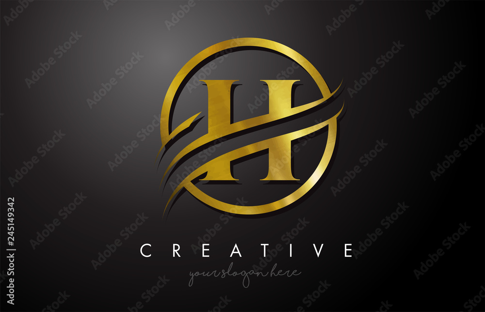 H Golden Letter Logo Design with Circle Swoosh and Gold Metal Texture ...