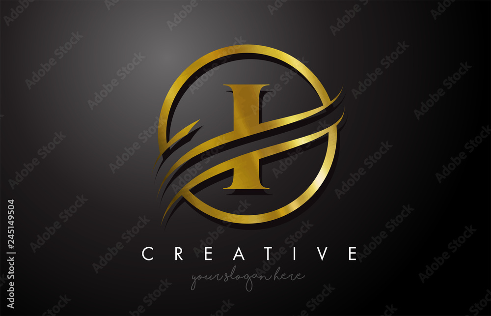 I Golden Letter Logo Design with Circle Swoosh and Gold Metal Texture ...