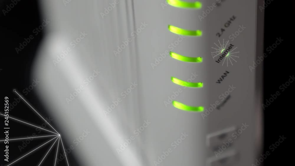 Internet modem is switched on. The lines and lights on the modem router ...