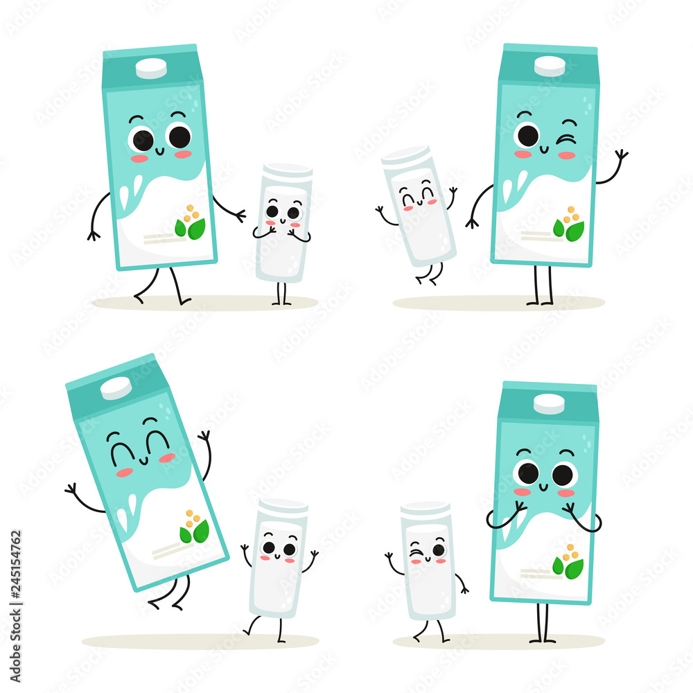 Soy milk. Cute cartoon vegan protein food vector character set isolated ...