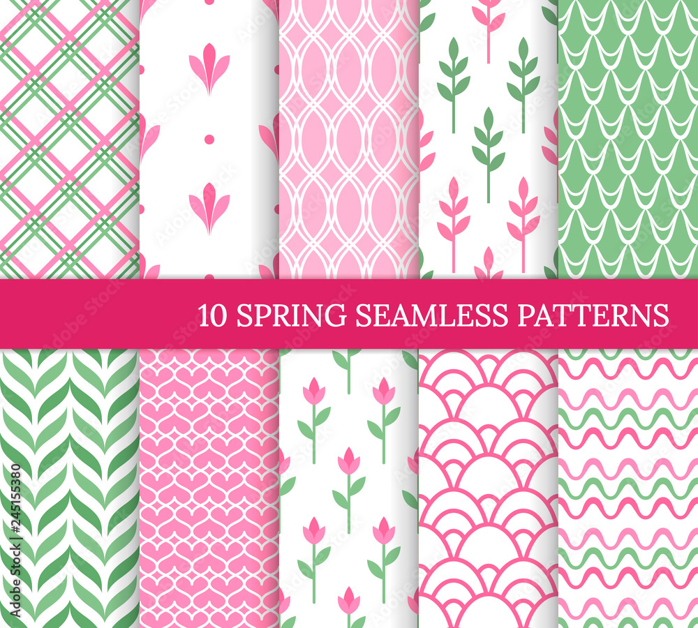 Ten spring seamless patterns. Romantic pink and green backgrounds for ...