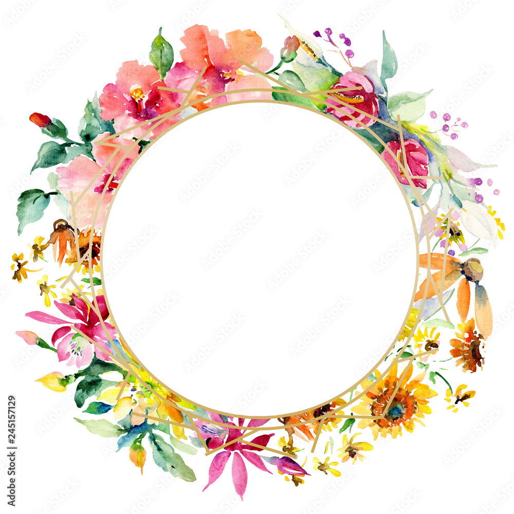 Red, yellow and orange flower bouquets. Watercolor background ...