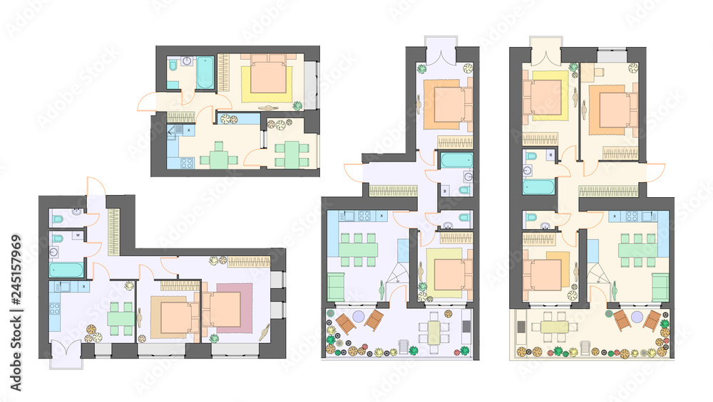 Vector set of furnished apartments, architectural background, top view ...