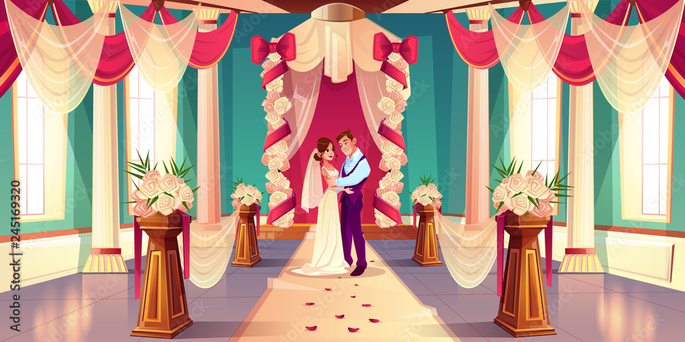 Happy bride and groom hugging, looking in each other eyes while ...