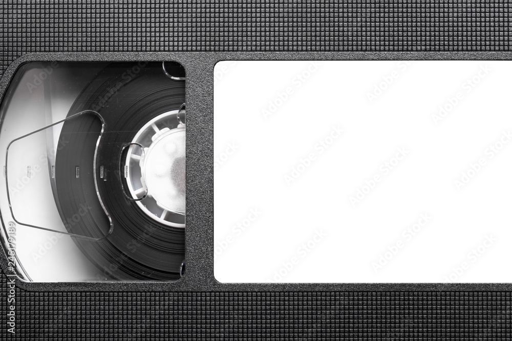 Front side of vhs tape isolated on white. Empty copy space label frame ...