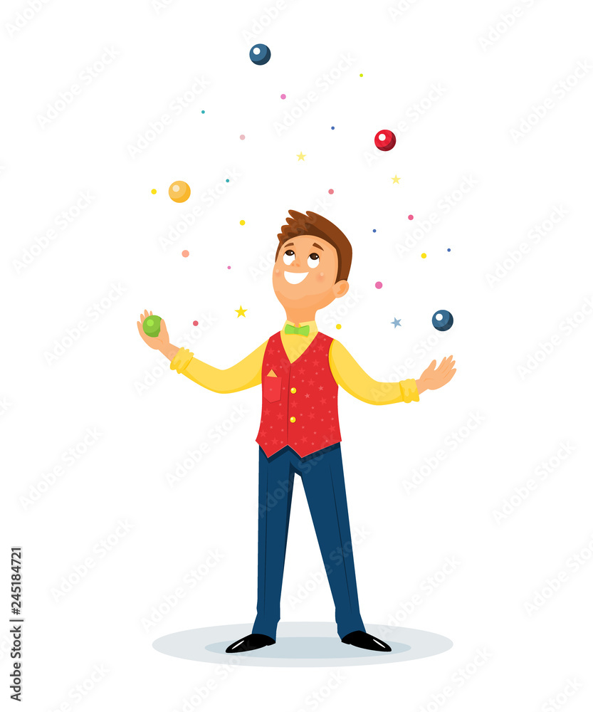 Cartoon juggler performs a circus trick.Juggler with balls.Circus ...