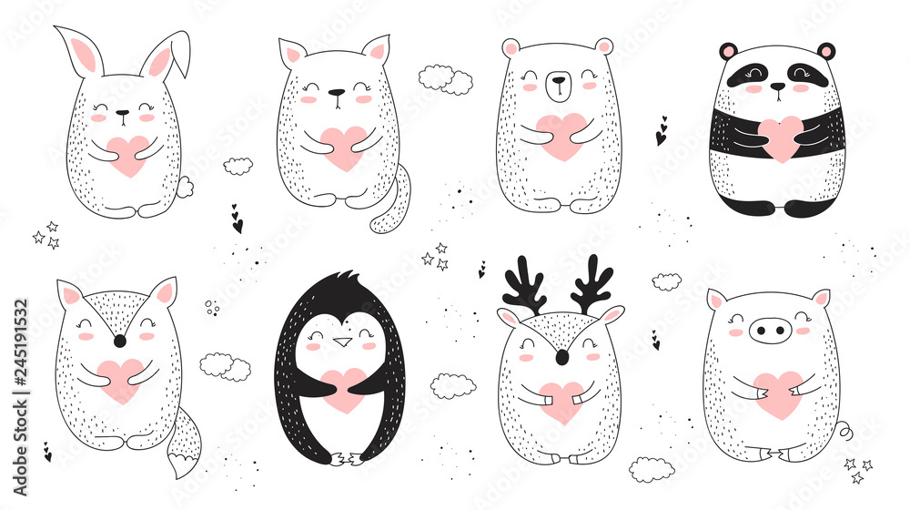 Vector line drawing collection of cute animals with hearts Stock Vector ...