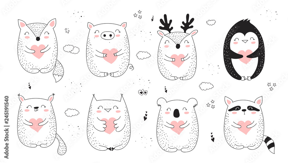 Vector line drawing collection of cute animals with hearts Stock Vector ...