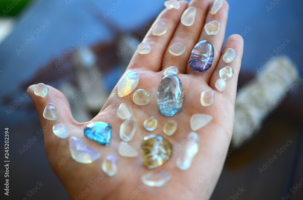 Bright, healing crystals and palo santo. Mystical, low exposure macro ...